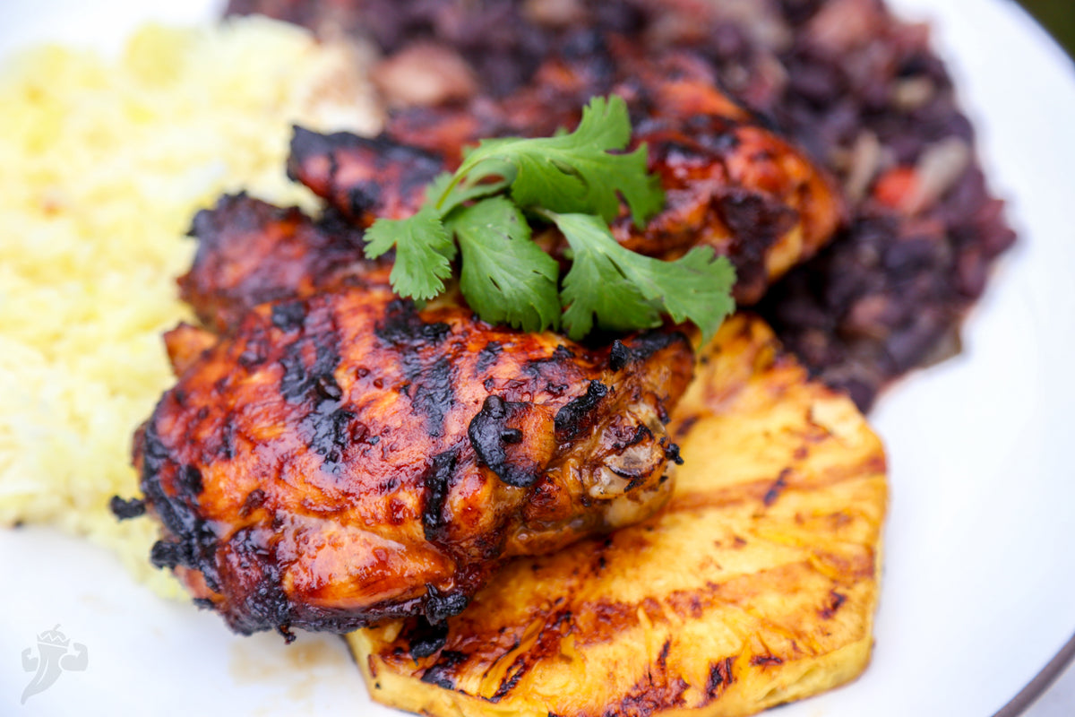 Serrano Pineapple Plantain Grilled Chicken Thighs – Powerful Pepper Company